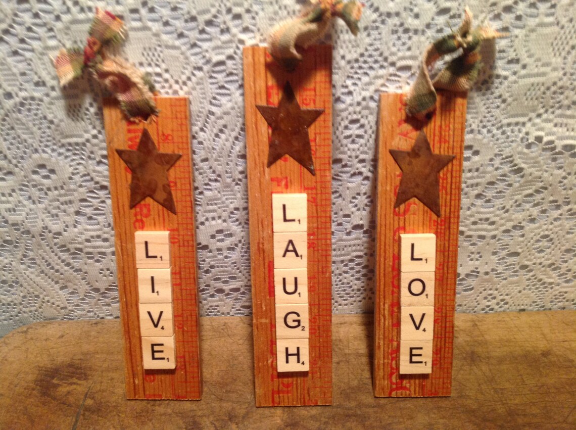 Live Laugh Love Scrabble Tiles Yardstick Ruler Primitive Decor | Etsy