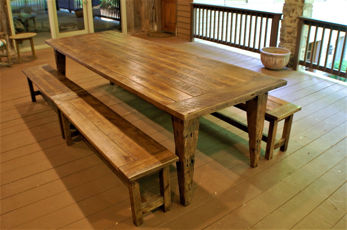 Reclaimed Hand Hewn Tapered Leg Farm Table With Bench Set - Etsy