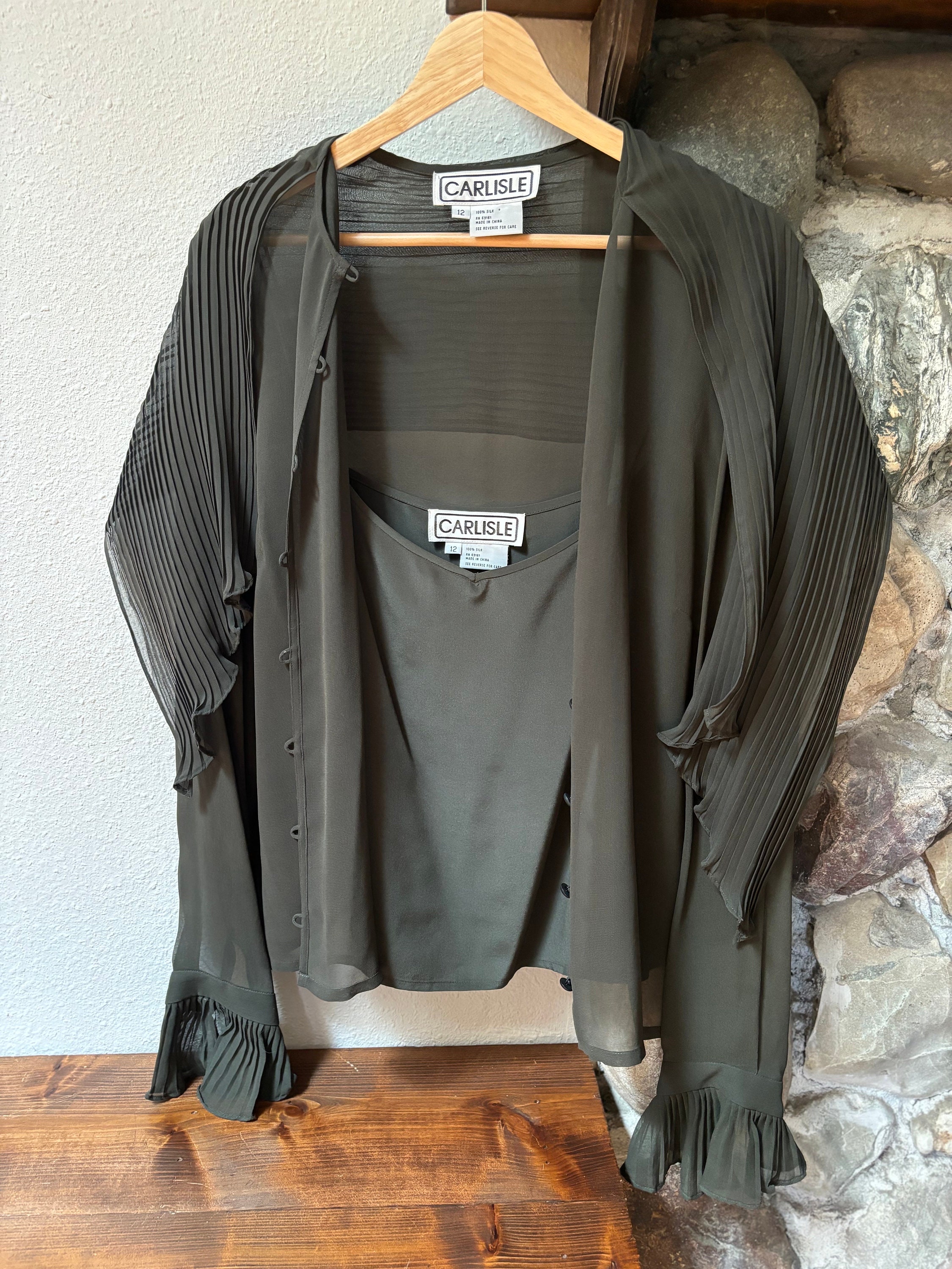 Vintage Carlisle Silk Blouse, 100% Silk Womens Top, Long Sleeve Button up With Tank Top, Cami ...