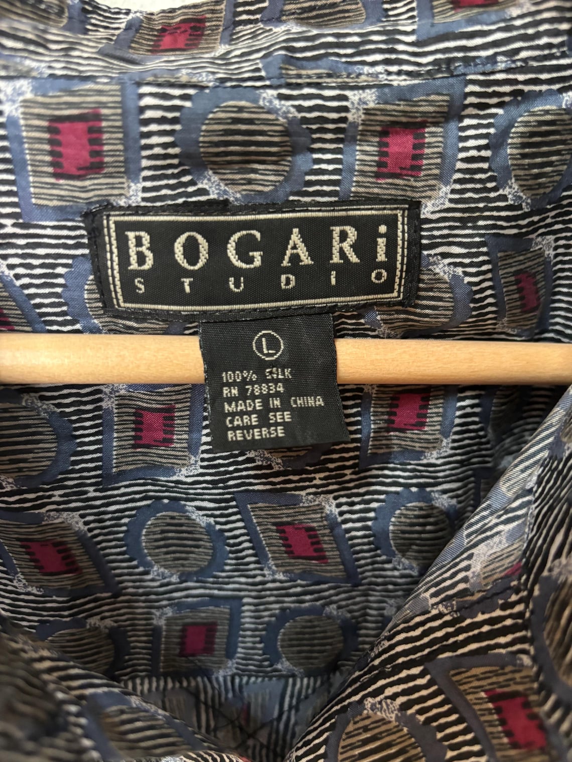 Vintage Bogari Studio 100% Silk Patterned Shirt, Geometric Print Top ...