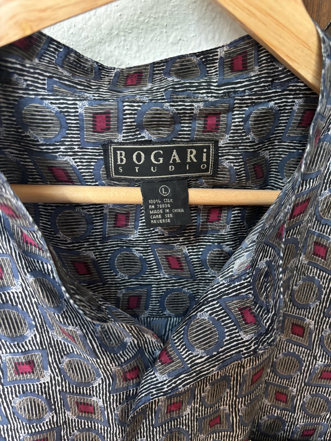 Vintage Bogari Studio 100% Silk Patterned Shirt, Geometric Print Top ...