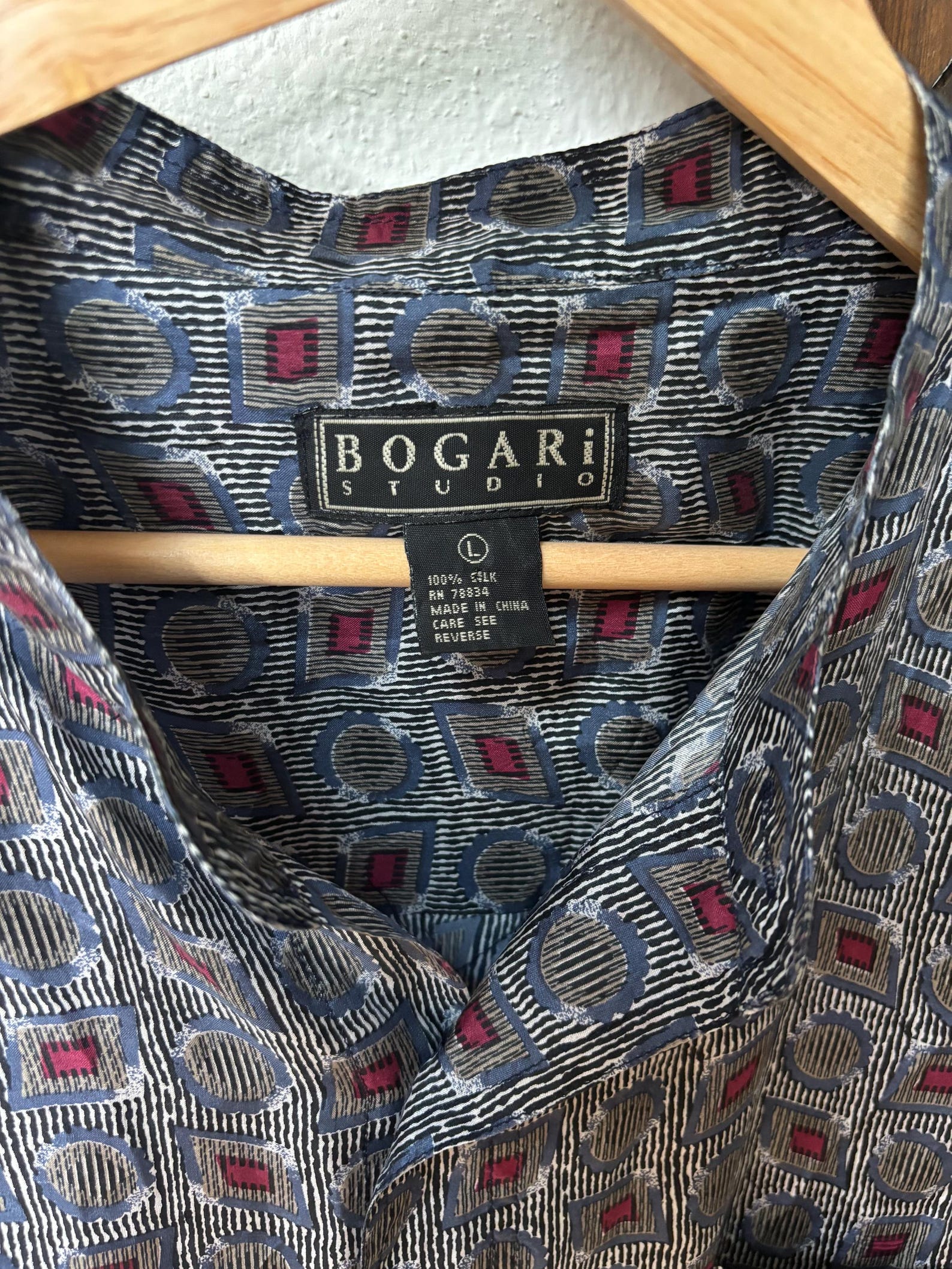 Vintage Bogari Studio 100% Silk Patterned Shirt, Geometric Print Top ...