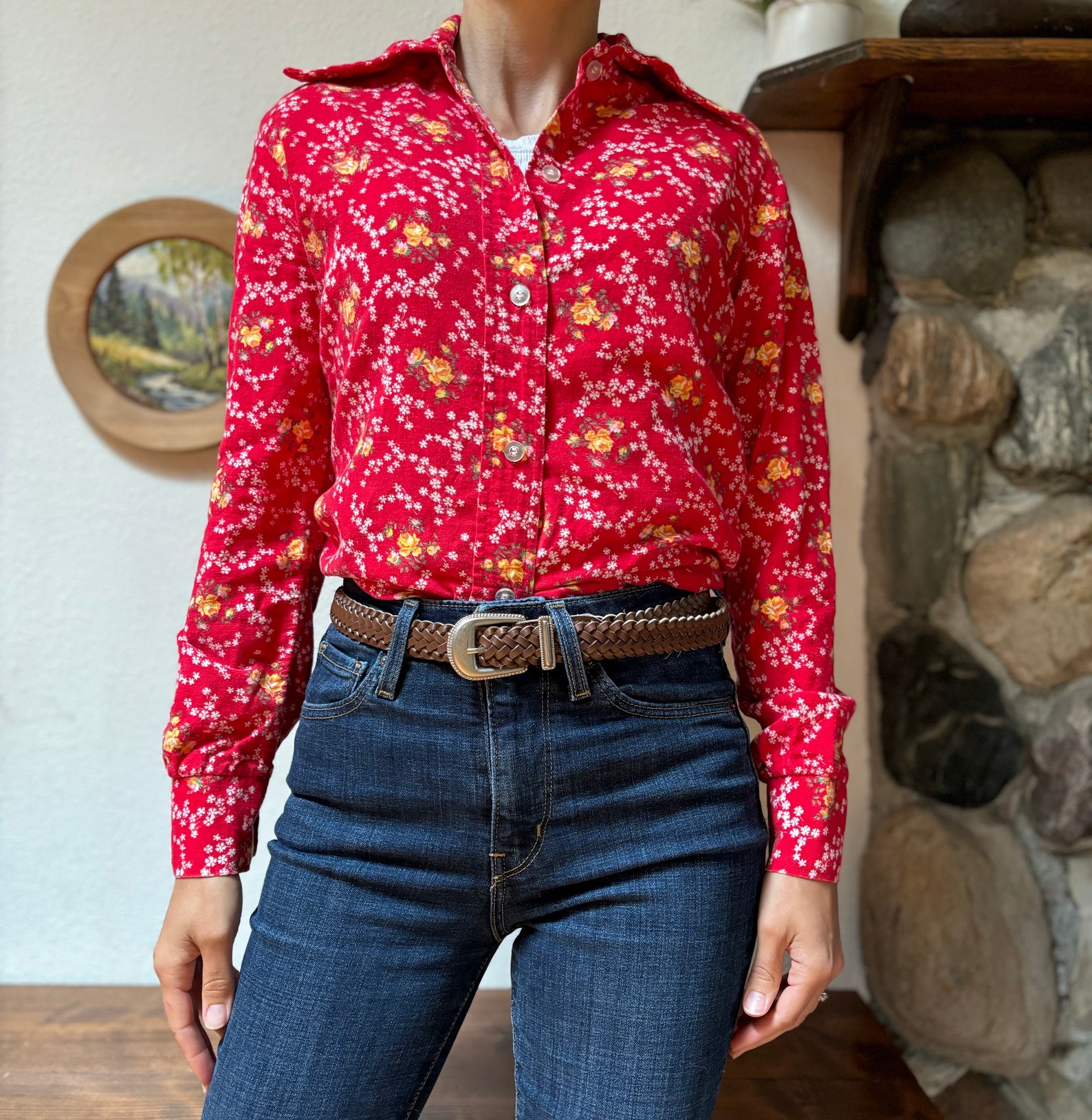Vintage Red Floral Long Sleeve Button Up, Womens Cowgirl, Country Shirt With Flower Pattern ...