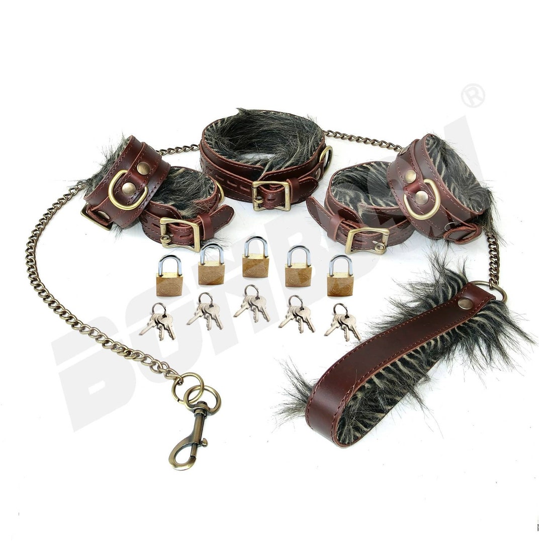 Bondage Leash Collar Wrist Ankle Cuffs, Faux Fur imbottito e vera pelle, bdsm restraints for ...