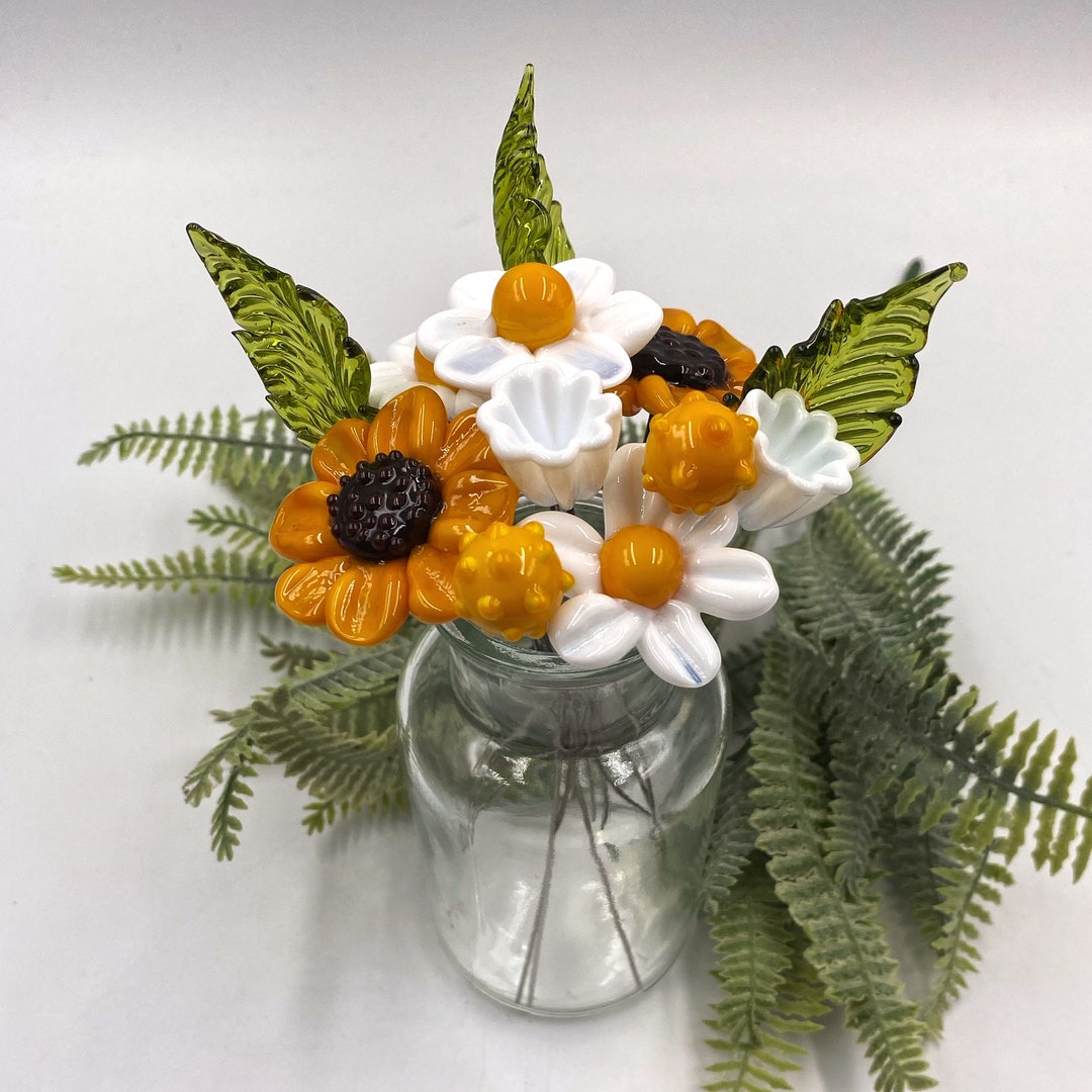Handmade Lampwork Glass Flower Bouquet: Sunflower & Daisy Arrangement ...