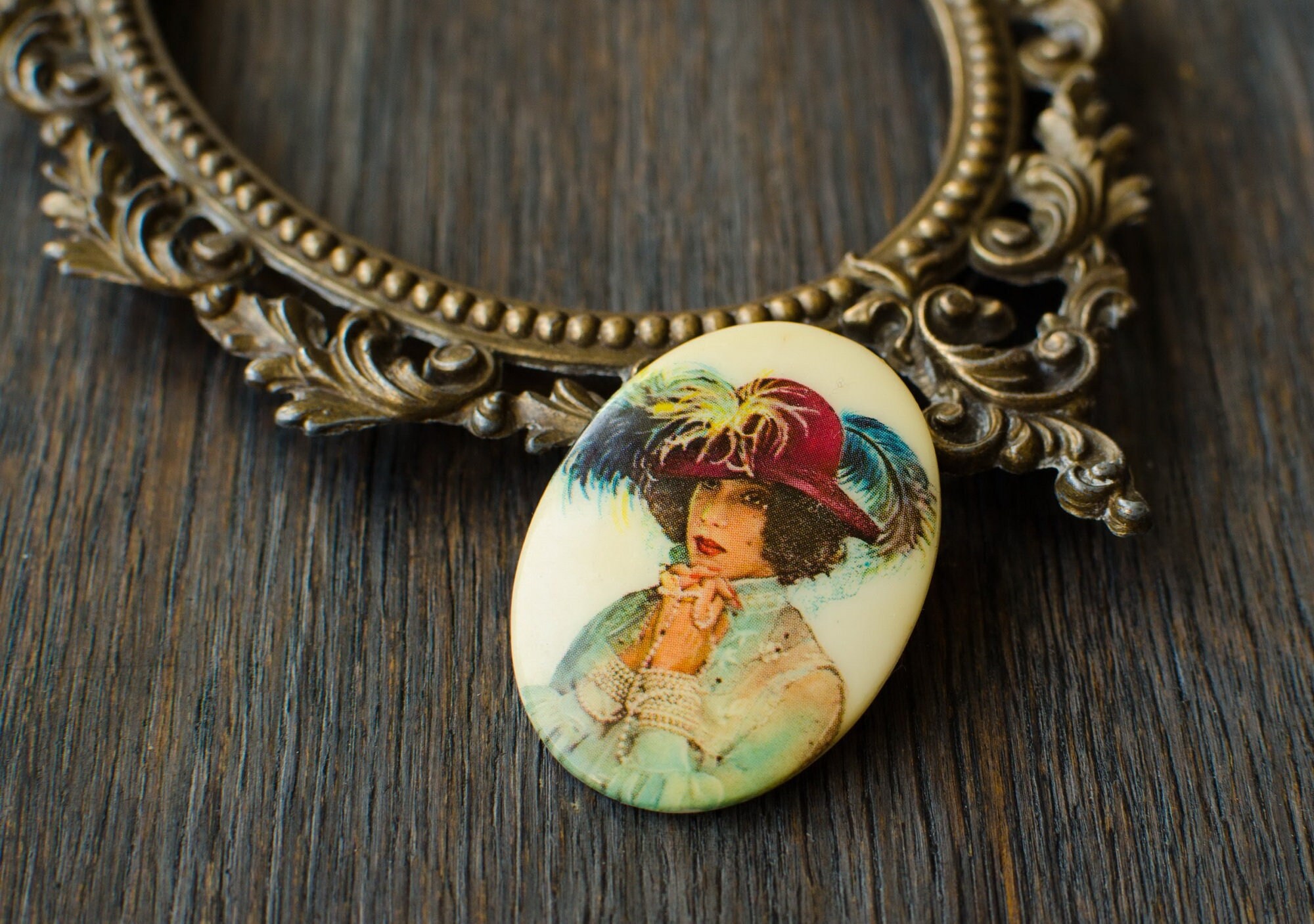 Vintage Plastic Brooch With Woman Portrait Print - Etsy