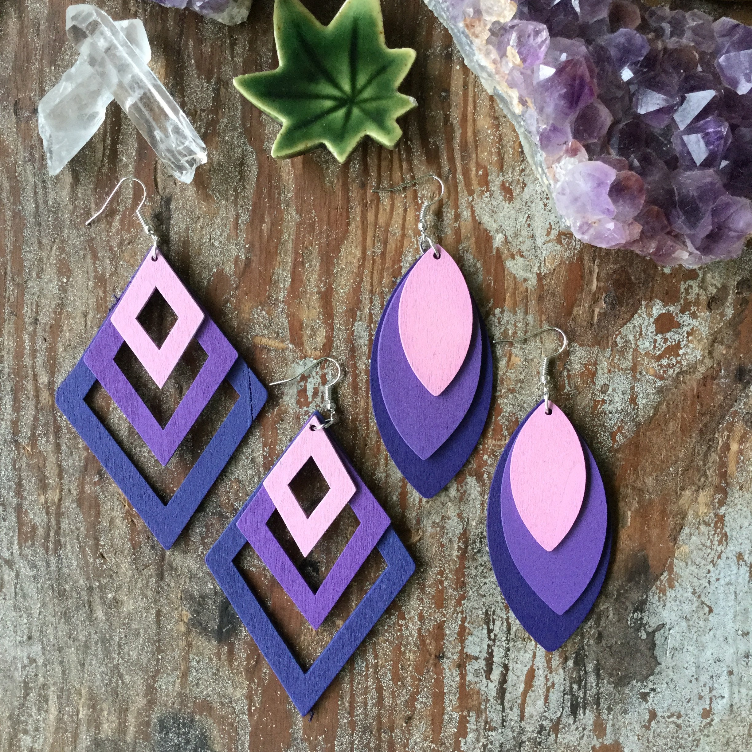 Wood Laser Cut earrings Colorful gradient Layers Diamond and | Etsy