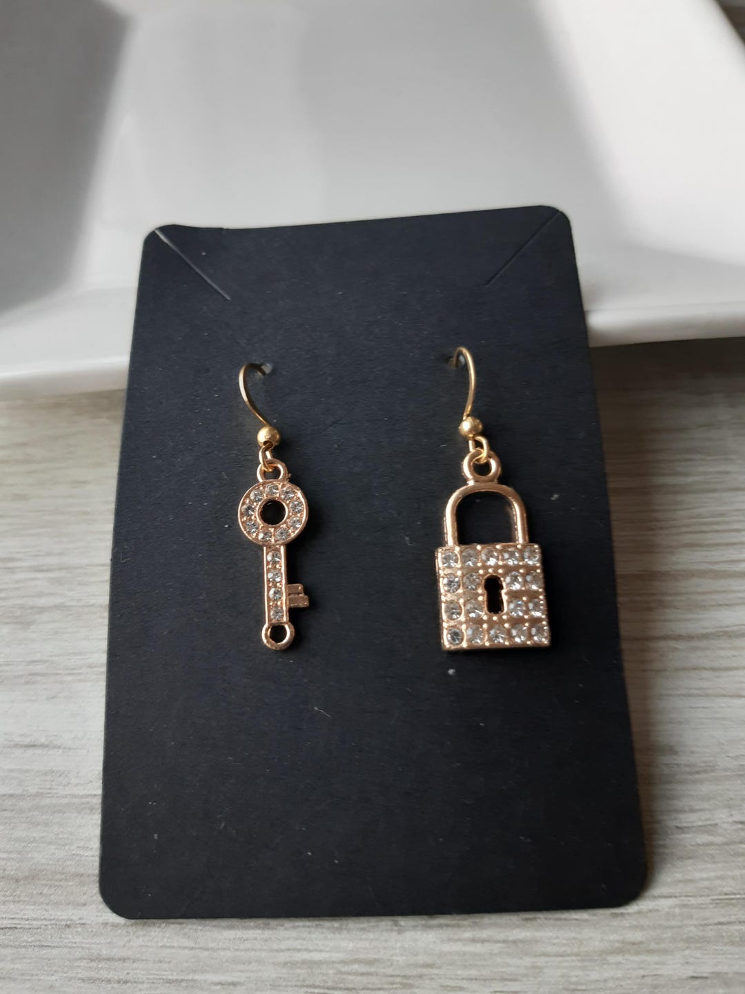 Gold Padlock and Key With Zirconia Made on 18K Gold Ear Hooks or ...