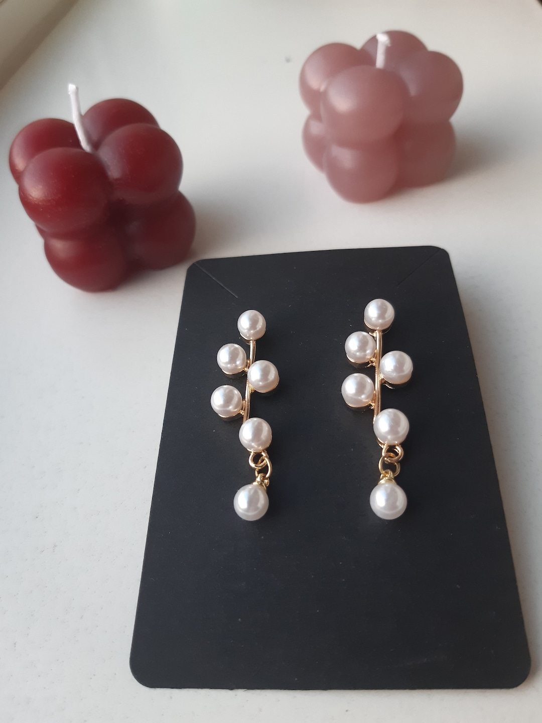 Geometric Pearl Grape String Earrings, 18 K Gilded Earrings, Dangle ...