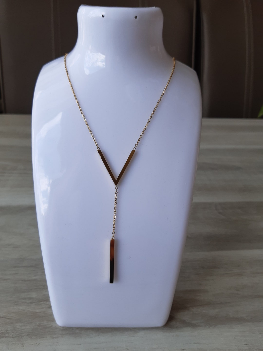Gold Chain With Pendant V Shape and Stick, Stainless Steel Chain, Link ...