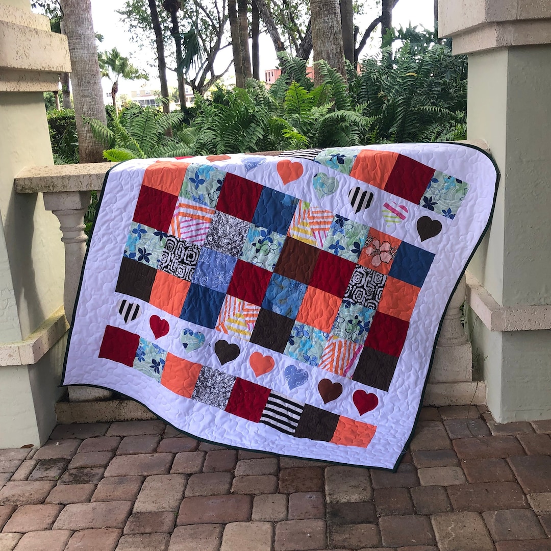 Patchwork Squares With Hearts Quilt - Etsy
