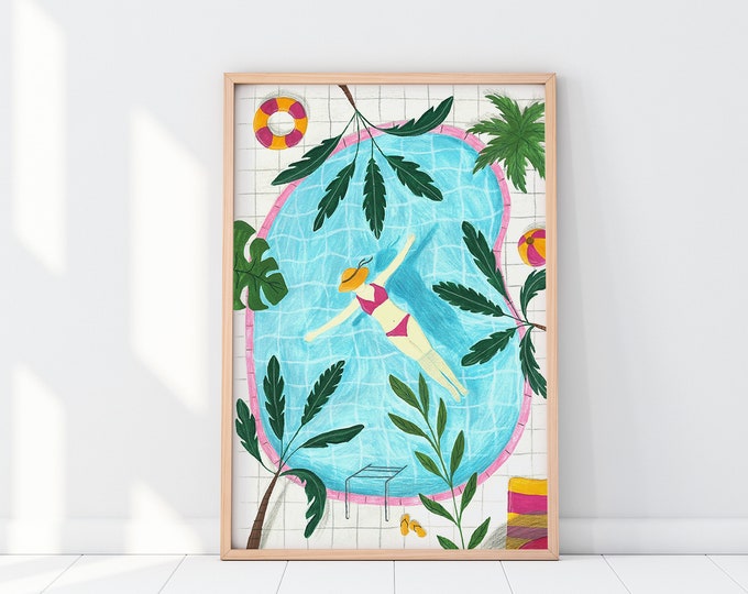 Swimming Pool Print in the Pool Summer Swimmer Water | Etsy