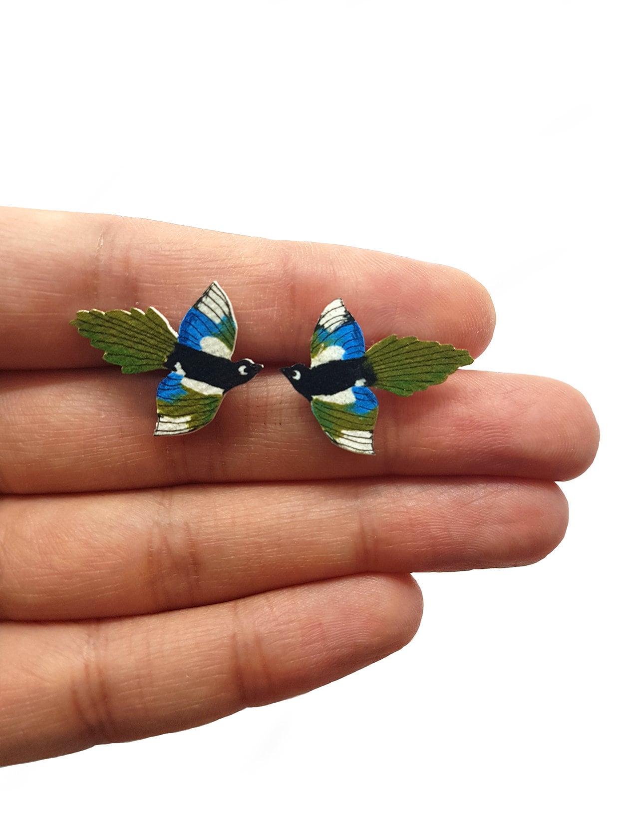 Magpie earrings Hand coloured Magpie Studs Magpie | Etsy