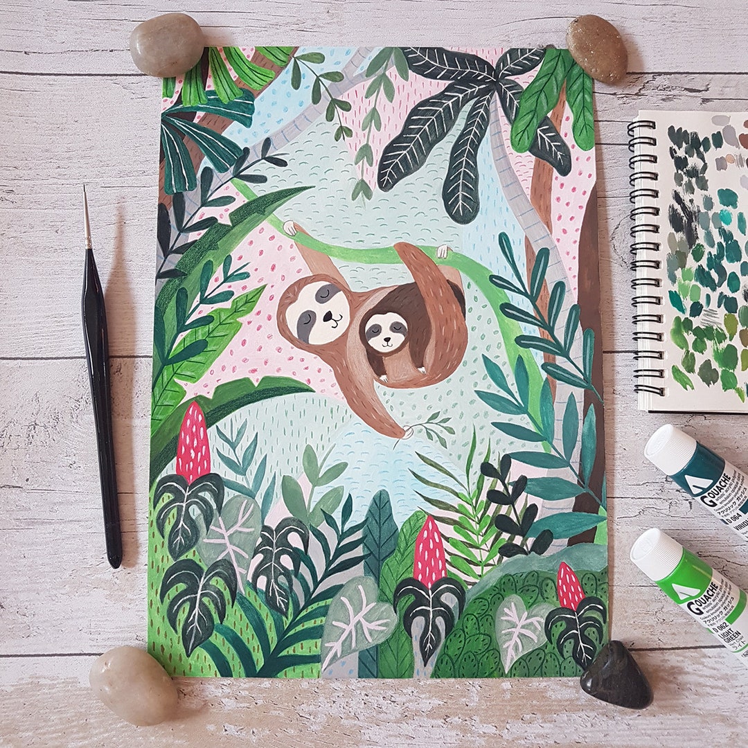 Original Sloth Painting | Gouache Painting | Jungle | Cute Sloth ...