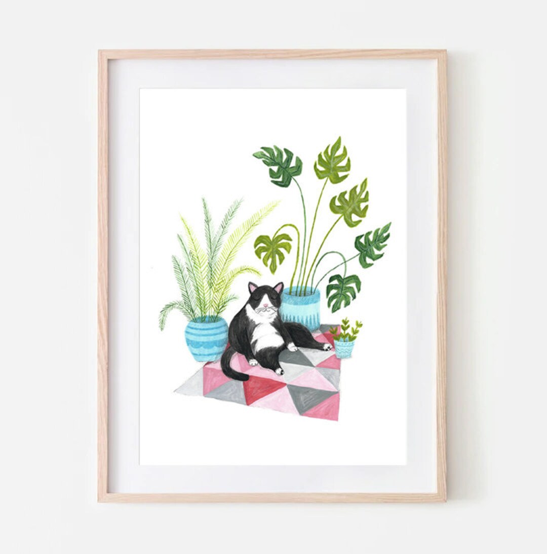 Cat Print | Tuxedo Cat | Cat Illustration | Plant Cat | Plant Art ...