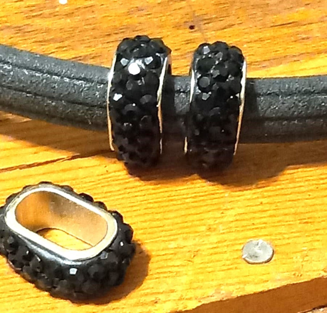 2 Resin Rhinestone Sliders, Black Jet Rhinestone, Silver, Half Round ...