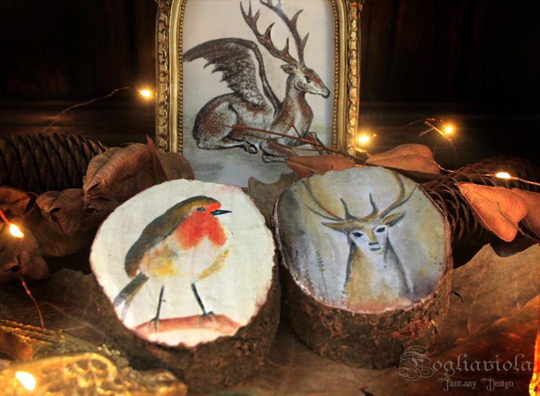 WOOD DECORATION Deer Robin Paperweight Forest Yule Ornament Centerpiece ...