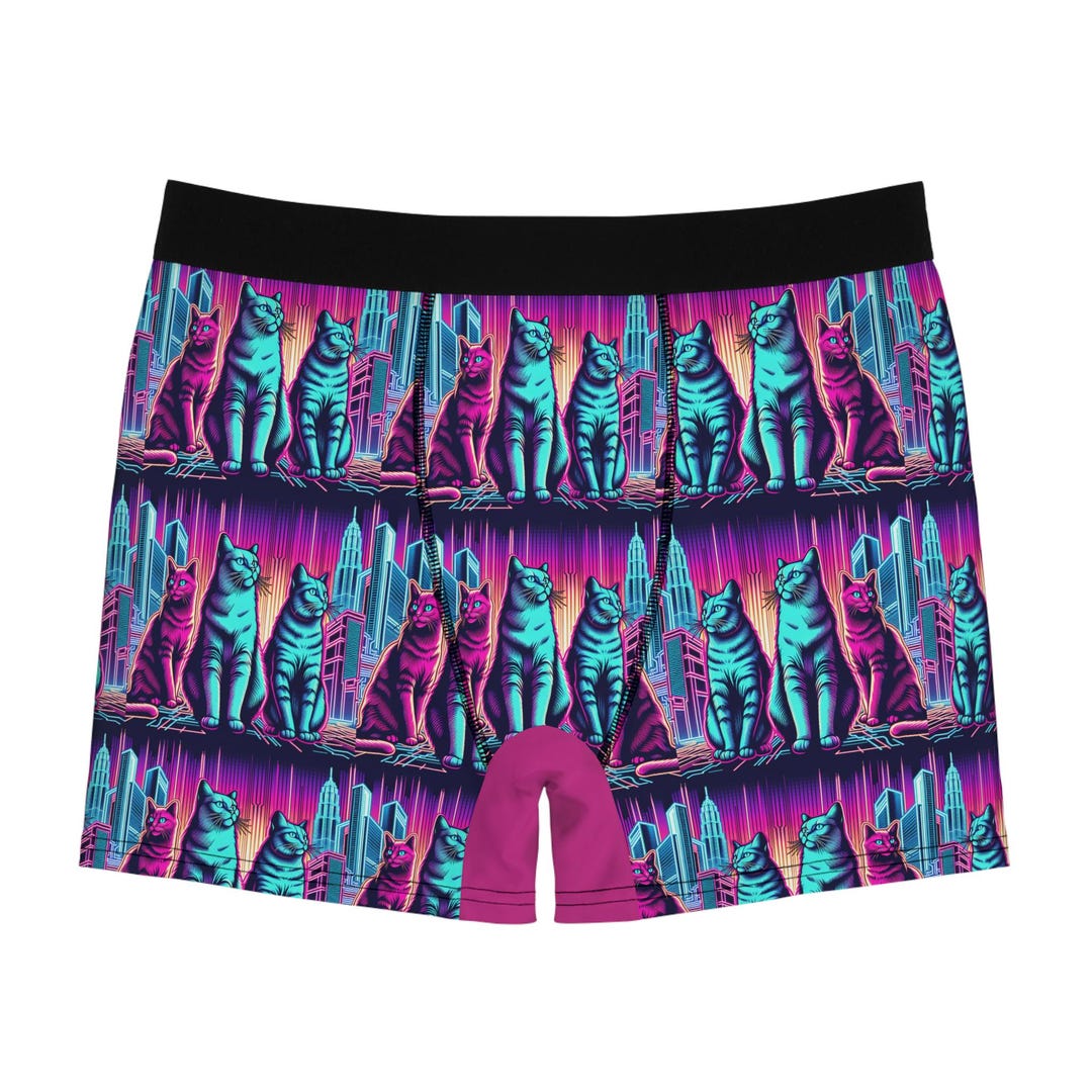 Cat Lovers Men's Boxer Briefs, Cyber Punk Cat City Design, Bold Magenta ...