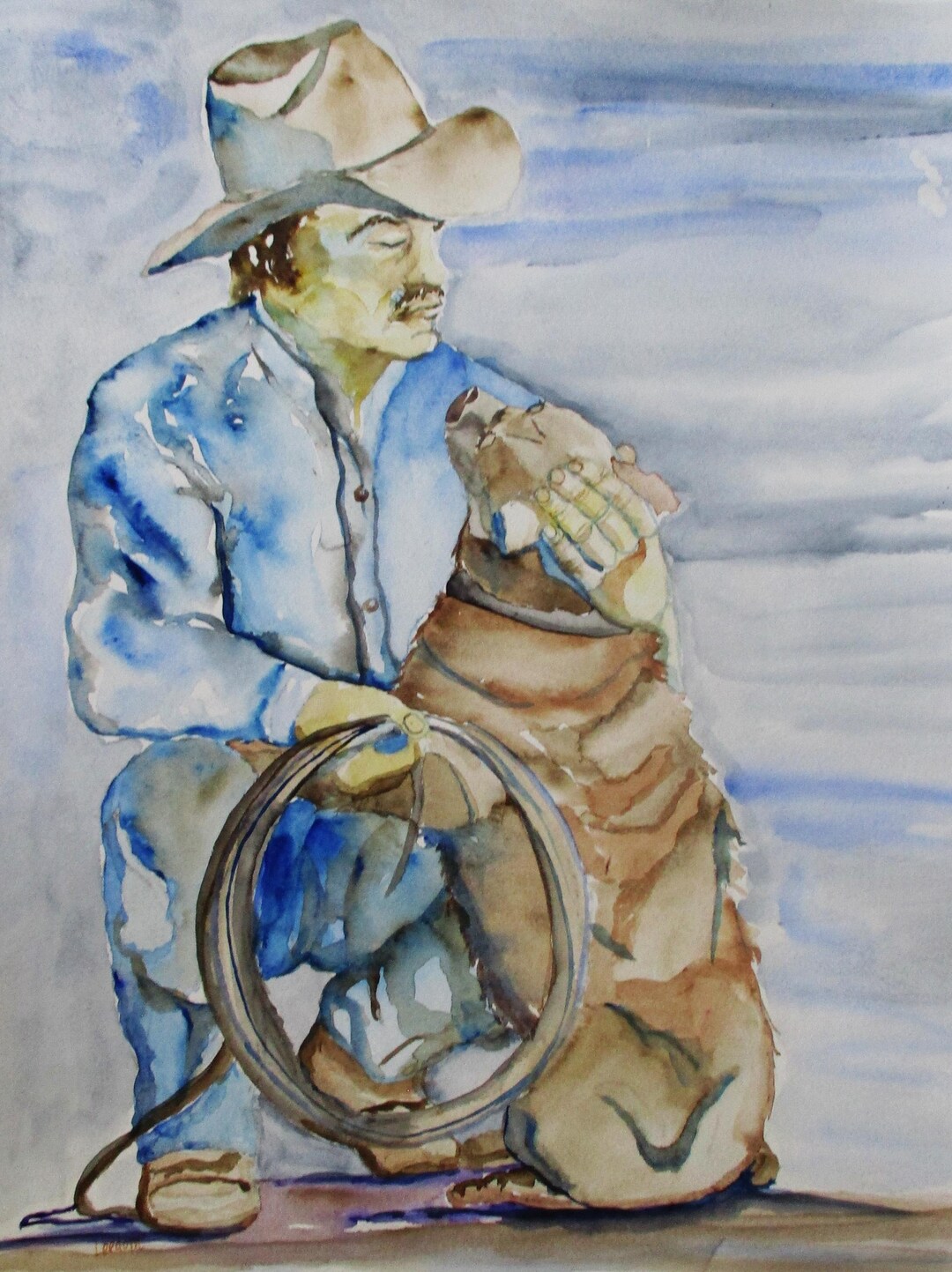 Handpainted Cowboy Rodeo Dog Watercolor Painting Direct From Artist ...