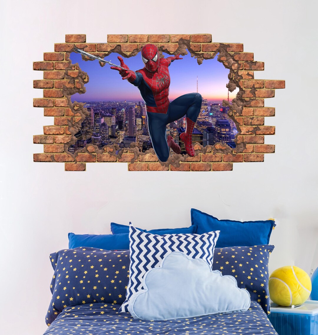 3D Spiderman Wall Decal With Brick Wall Breakthrough, Superhero Wall ...