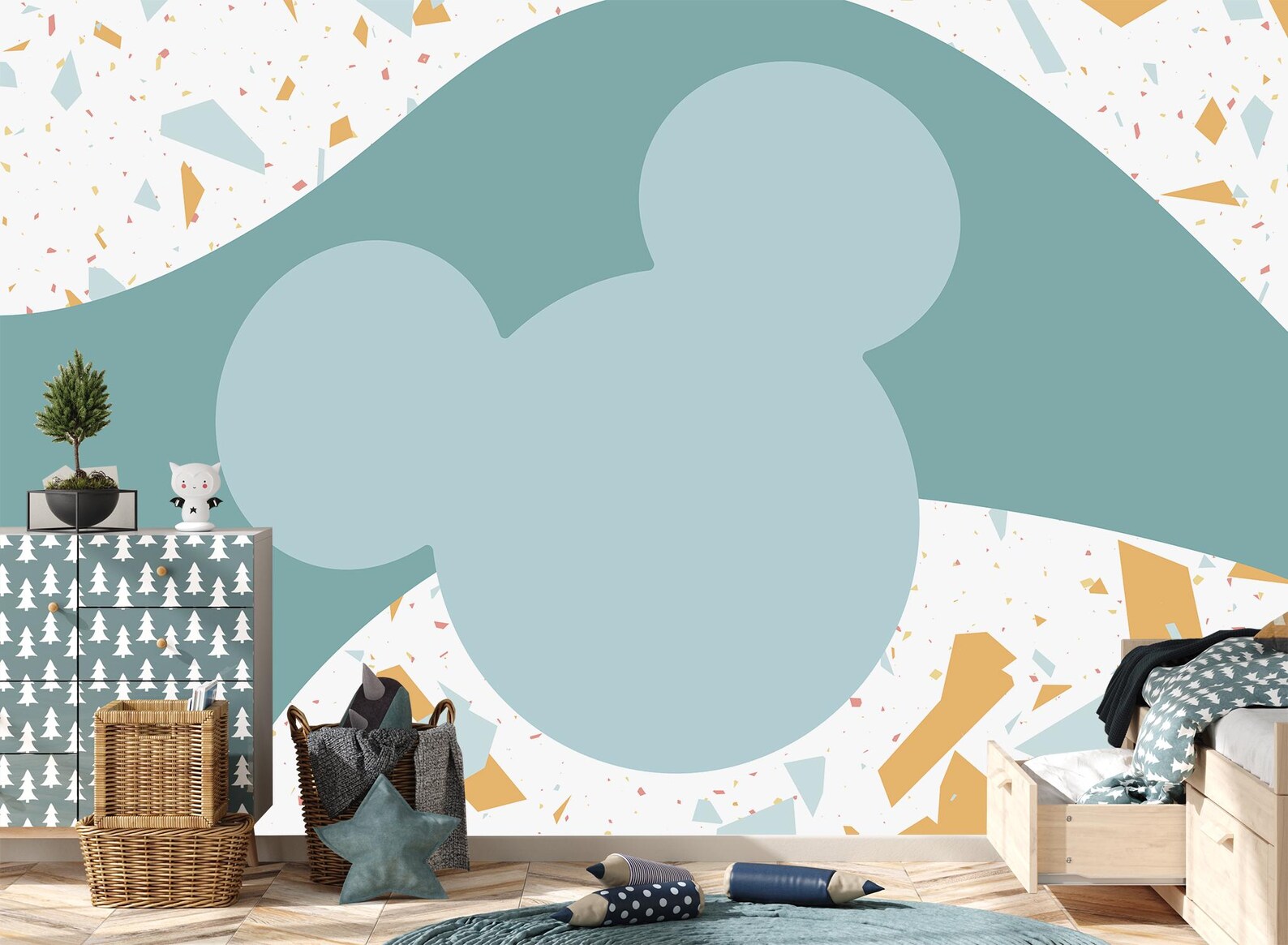 Mickey Mouse Kids Wallpaper, Peel and Stick Nursery Wall Mural, Blue ...