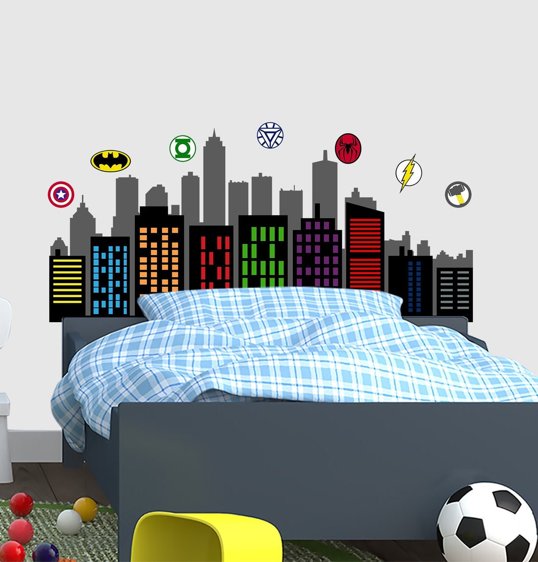 Superhero Mural Wall Art Super Hero Skyline Wall Decal Teen - Etsy