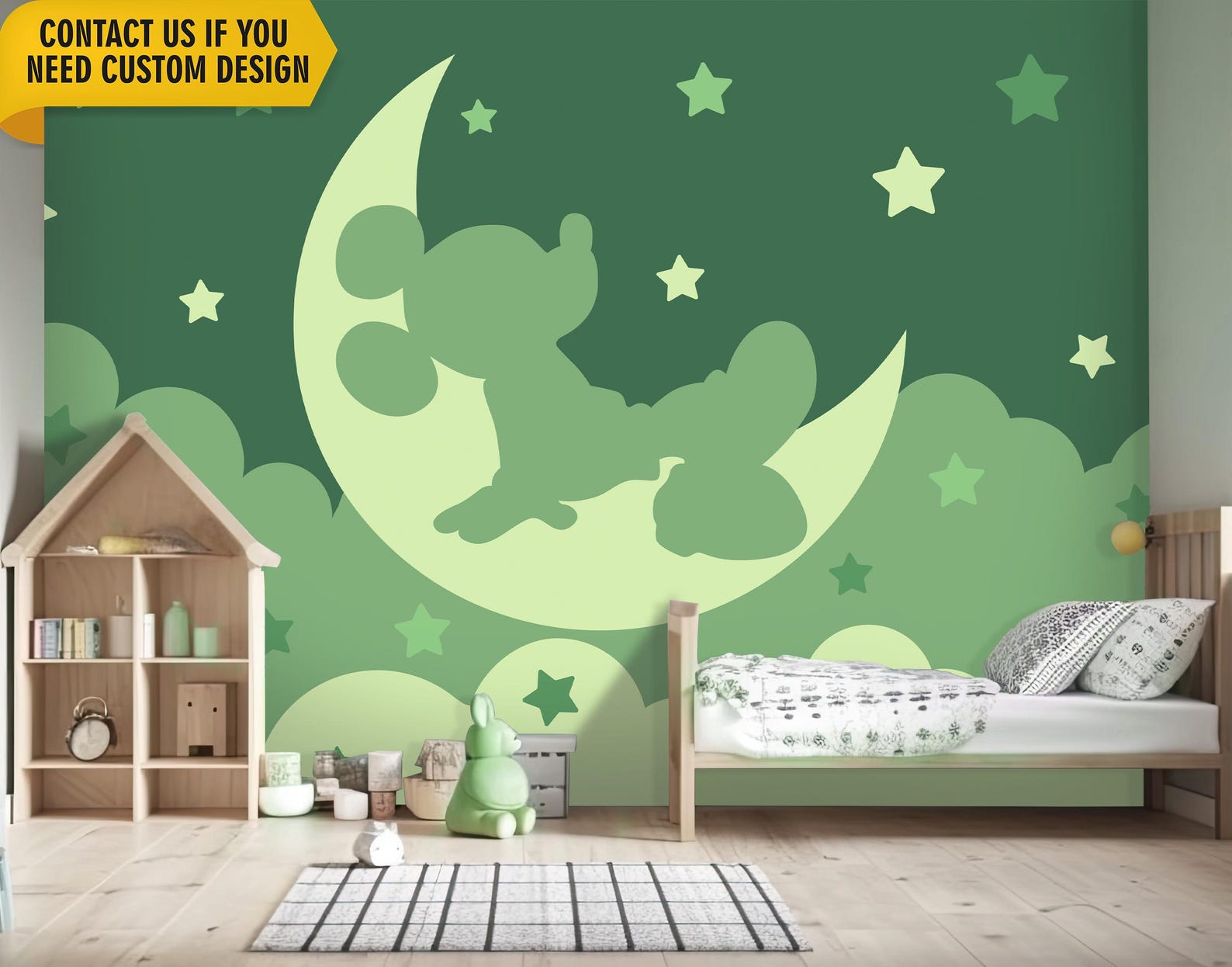 Mickey Mouse on Moon Wallpaper, Green Nursery Mickey Wall Paper for ...