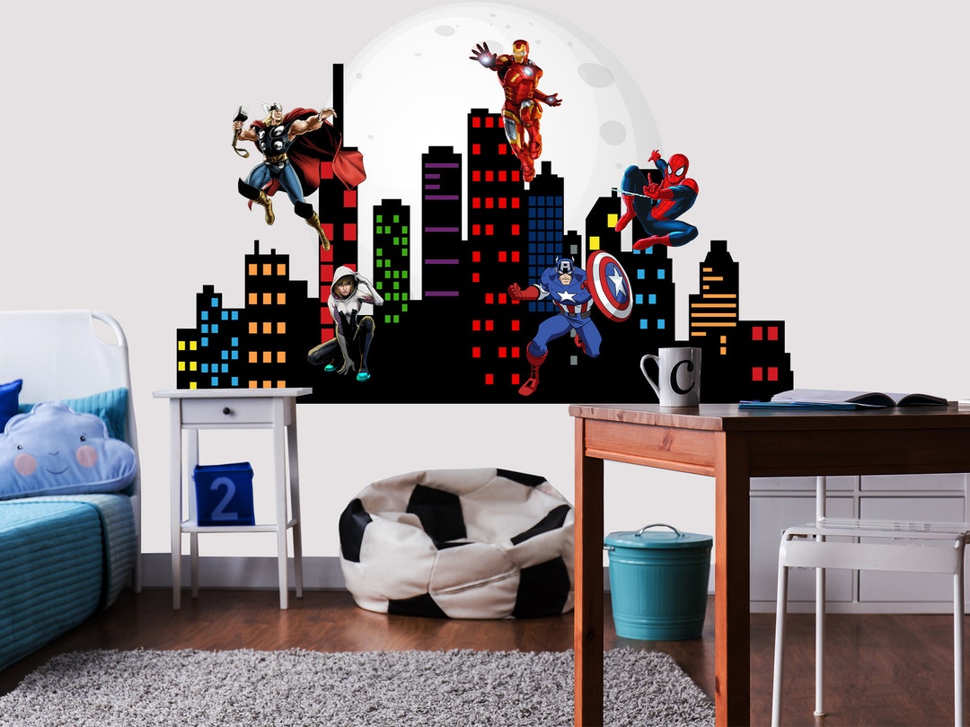 Superhero Wall Sticker Boys Bedroom - City Skyline Art Decor Toddler ...