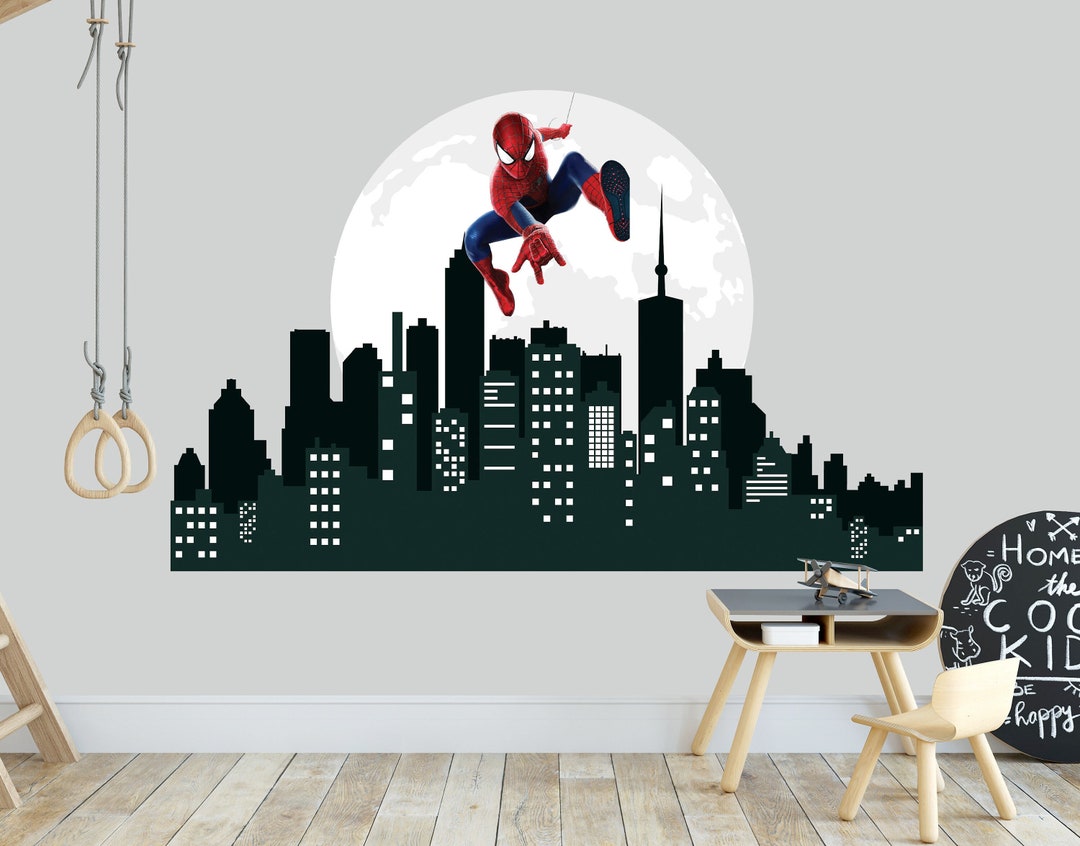 Large Spiderman Wall Decal, City Background Superhero Giant Wall ...