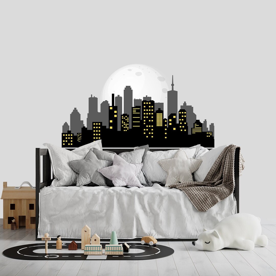 Cityscape Wall Decal Boys Bedroom, City Skyline Wall Sticker Toddler ...