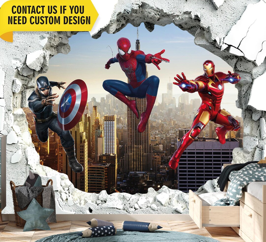 Buy 3D Superhero Wallpaper, Spiderman, Captain Boy Bedroom Wall Mural ...