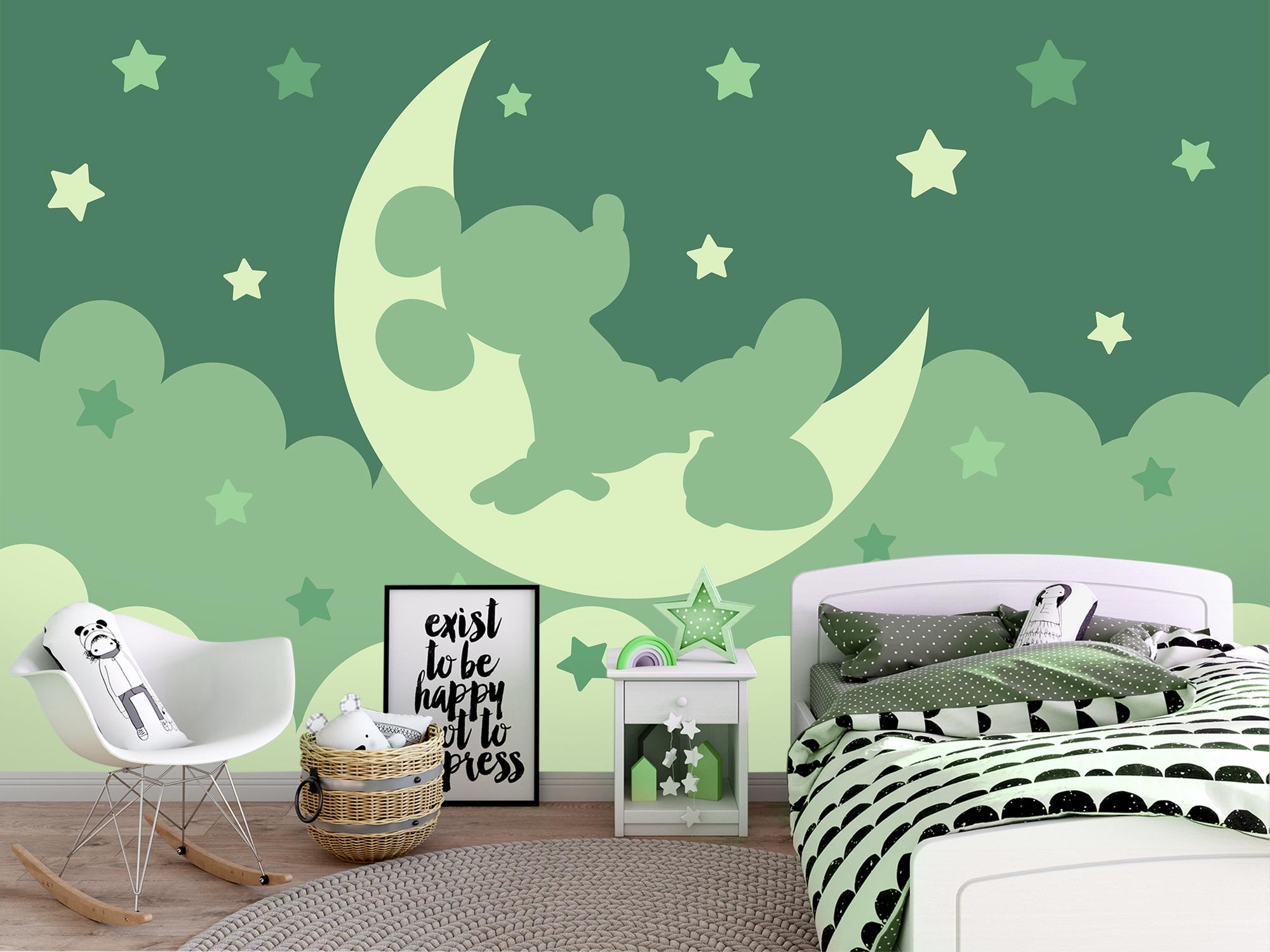 Mickey Mouse on Moon Wallpaper, Green Nursery Mickey Wall Paper for ...