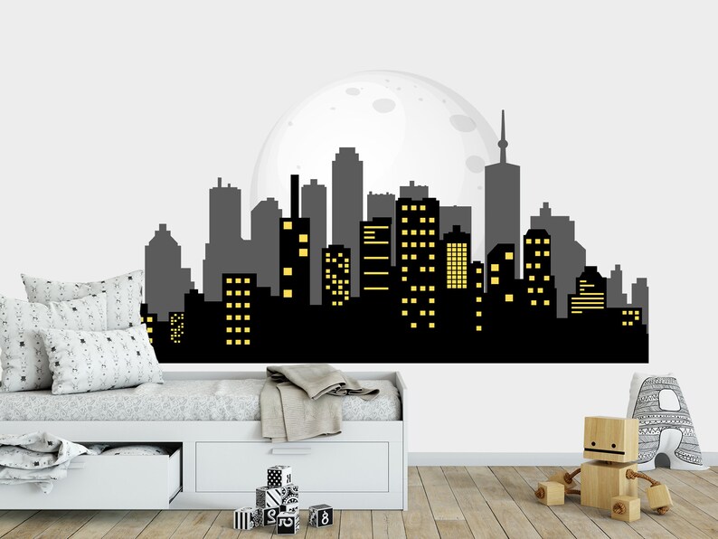 Cityscape Wall Decal Boys Bedroom City Skyline Wall Sticker - Etsy