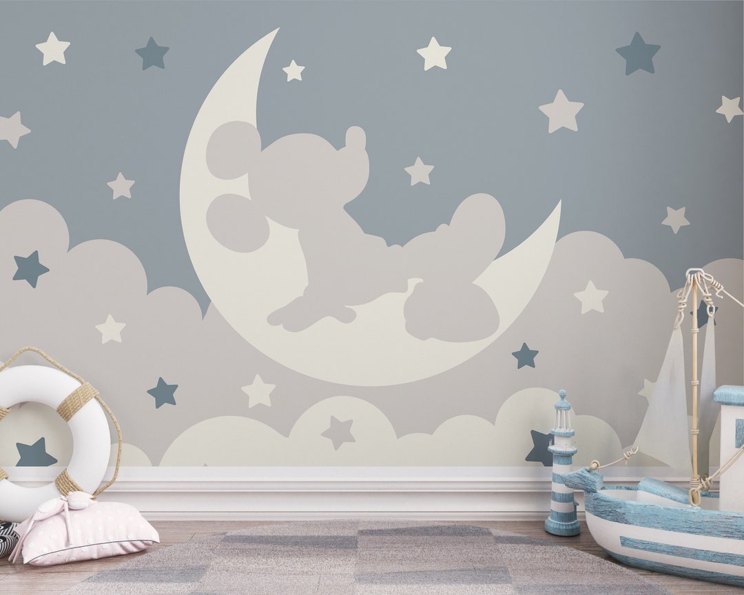 Blue Pastel Mickey Mouse Wallpaper, Night Sky Nursery Boy Wall Paper ...