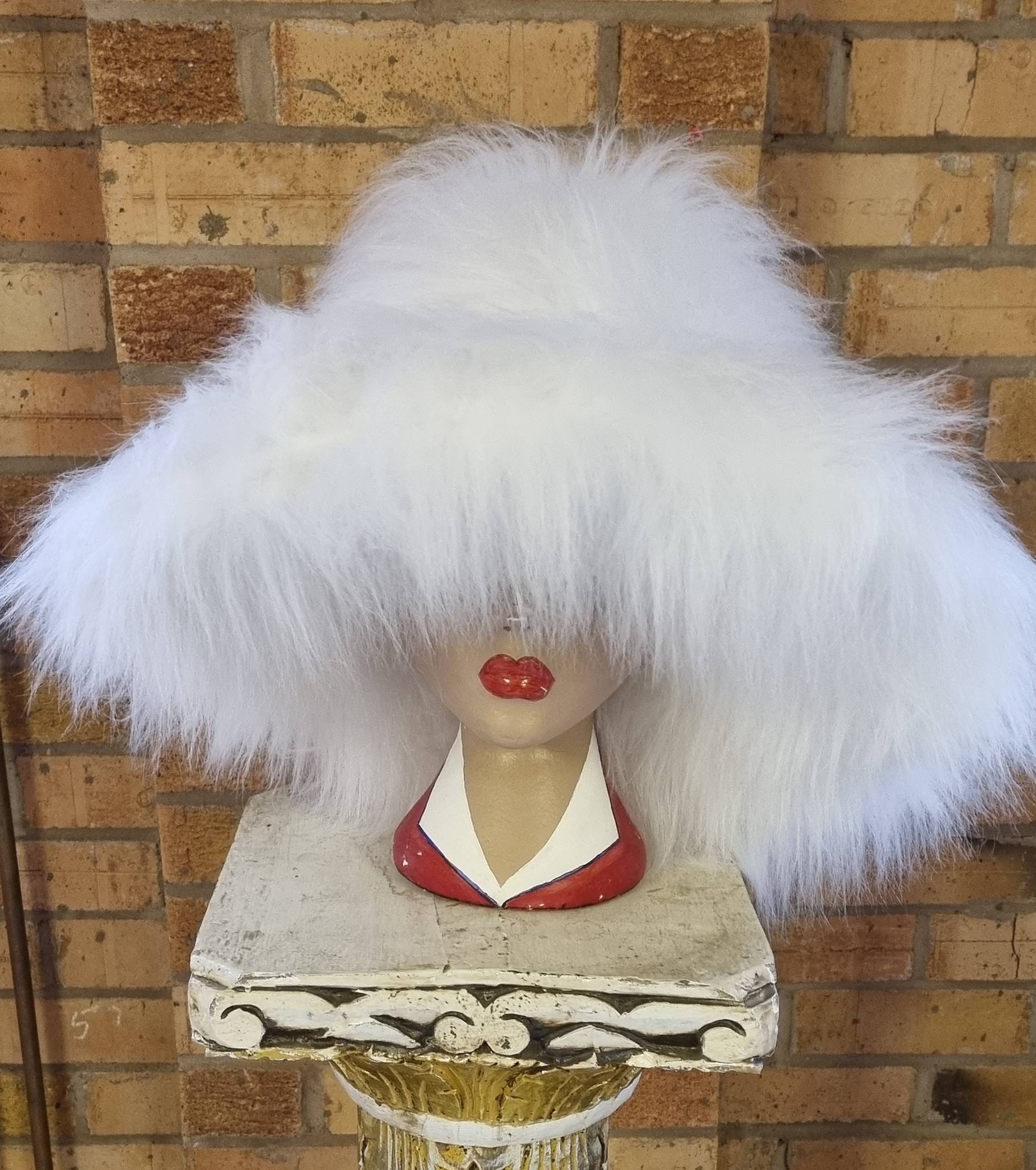 Wispy White Extra Wide Wire Brim Fuzzy Bucket Hat-Mega Fluffy-White Fur ...