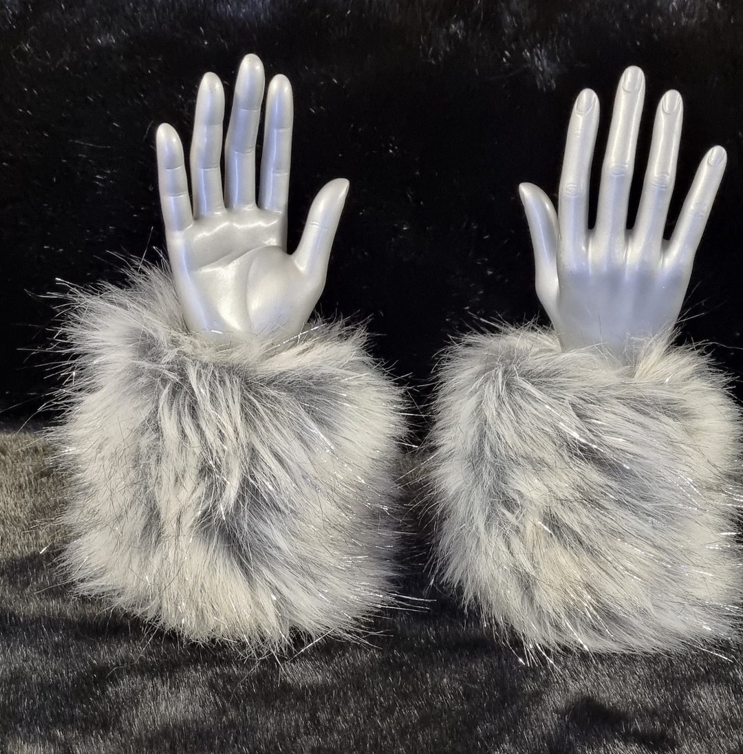 A Pair of Beautiful Fluffy Silver Grey Faux Fur Cuffs -lined and ...