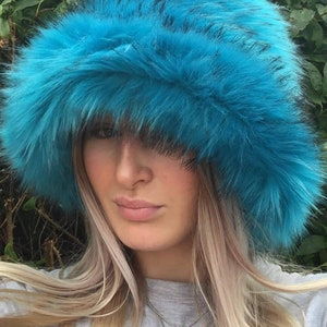 Super Fluffy Turquoise Blue Fuzzy Bucket Hat-blue Fake Fur | Etsy