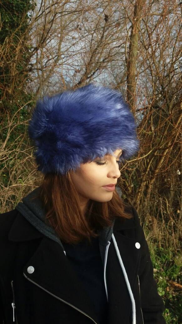 Beautiful Blue Tufty Faux Fur Vintage Style Russian Pill Box Style Hat