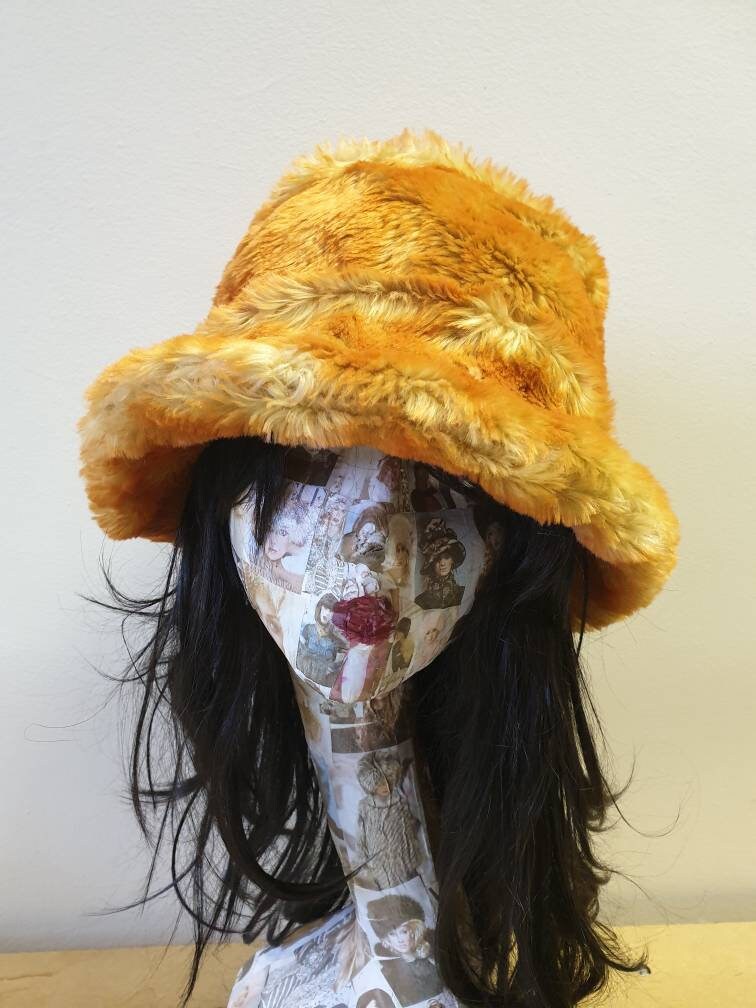 Orange Faux Fur Bucket Hat-Festival Hat-Floppy Hat-Fur Hat-Fake Fur Hat ...