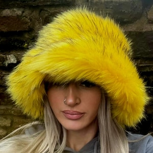 Bright Yellow-super Fluffy Luxury Faux Fur Bucket Hat-gold Fur-fuzzy ...