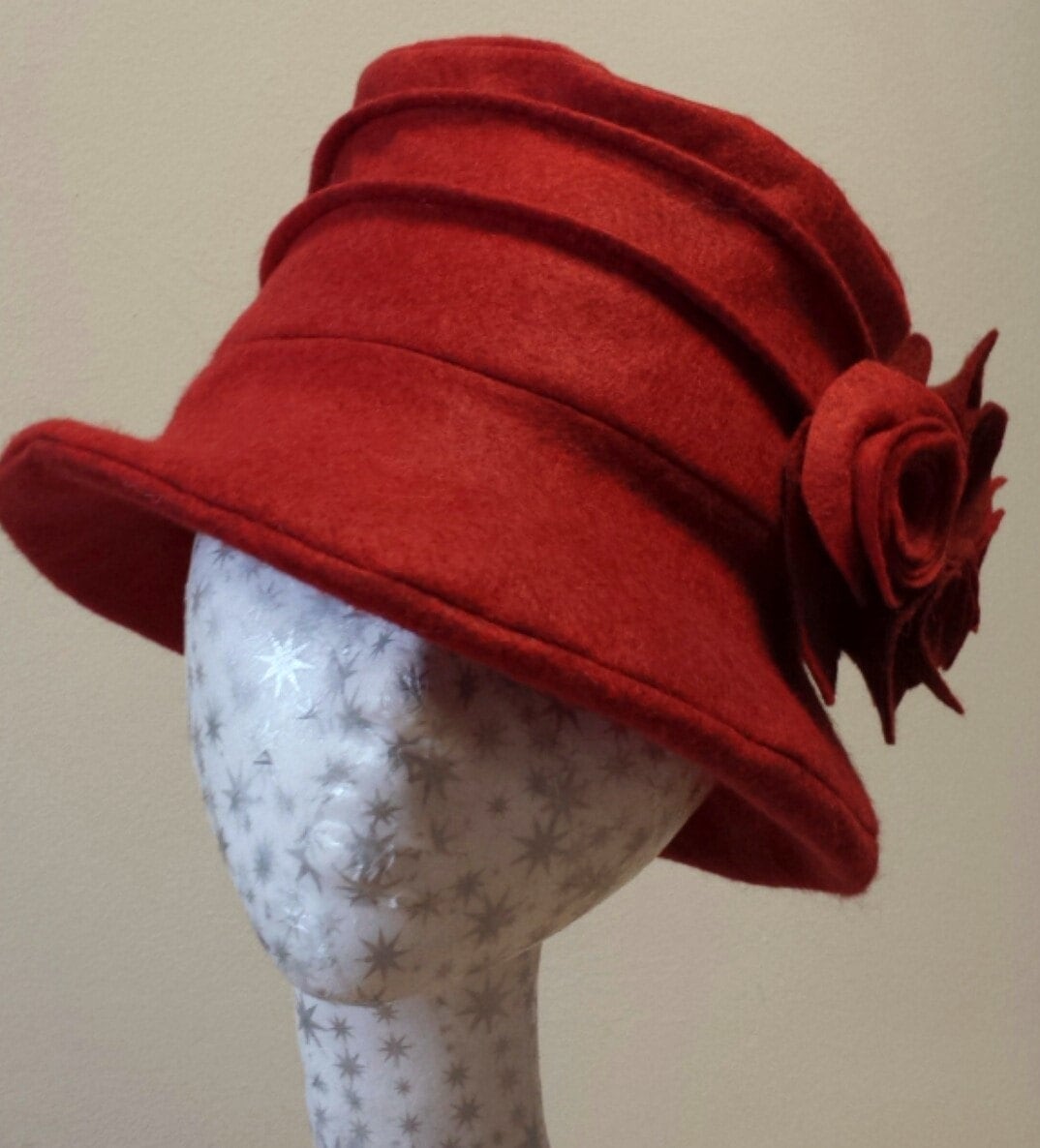 Red Felt Cloche Hat With Four Flowers and Cosy Fleece Lining