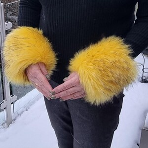 Fluffy Canary Yellow Faux Fur Cuffs- Faux Suede Lining and Elasticated ...