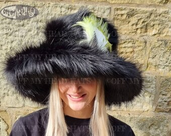 Extra Wide Wire Brim Black Fuzzy Bucket Hat-black Fur Hat-fake - Etsy