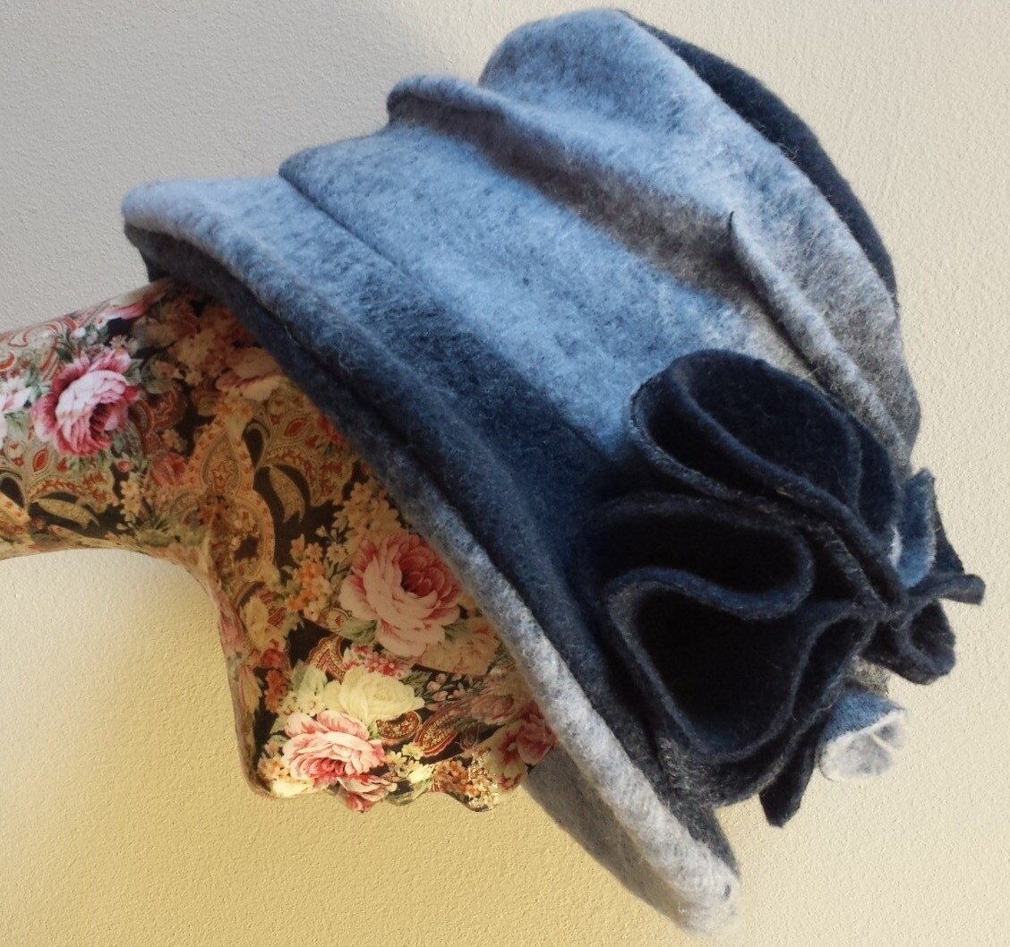 Handmade Navy Blue/Pale Blue Felted Wool Hat With Wide Brim and Cosy ...