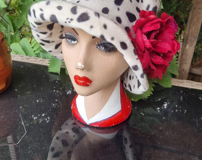 Dalmation Print Faux Fur Hat With Raspberry Peony Brooch-polar Fleece ...