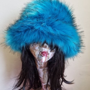 Super Fluffy Turquoise Blue Fuzzy Bucket Hat-blue Fake Fur Hat-festival ...