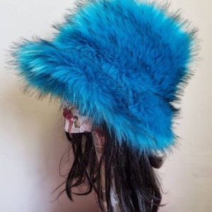 Super Fluffy Turquoise Blue Fuzzy Bucket Hat-blue Fake Fur Hat-festival ...