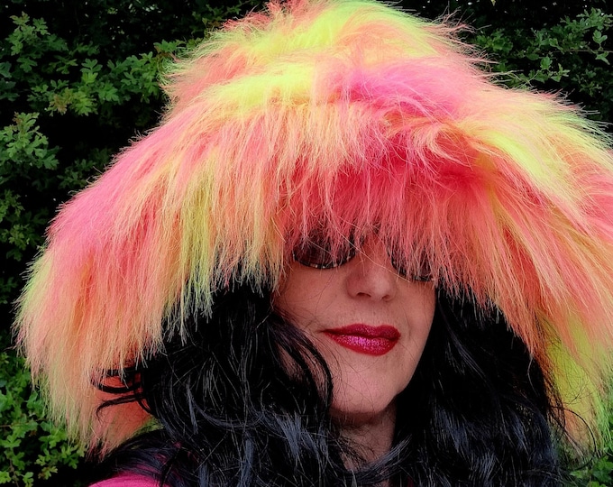 Mega Fluffy Extra Wide Wire Brim Fuzzy Bucket Hat-pink and Yellow ...