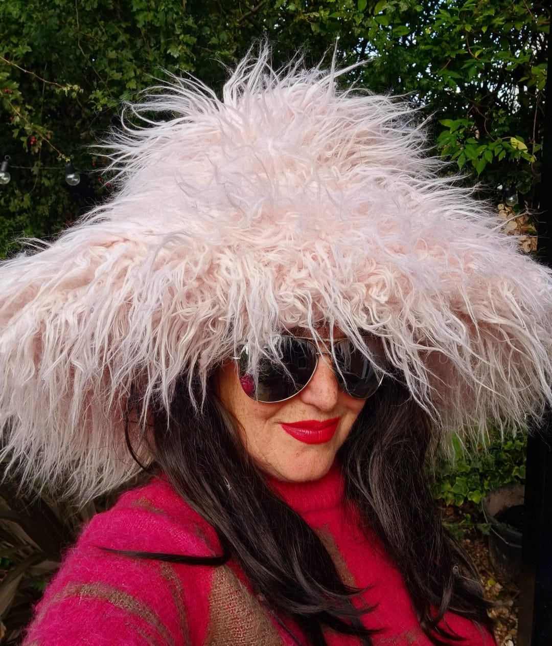 Mega Fluffy Pink Hat -extra Wide Wire Brim -fuzzy Bucket Hat-pink ...