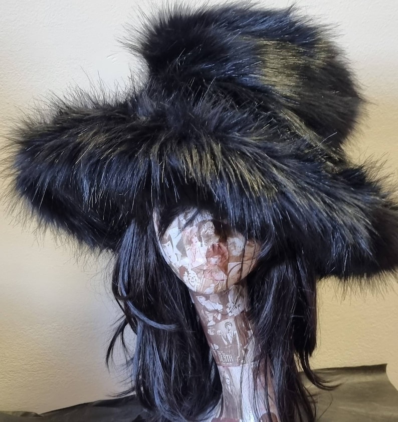 Extra Wide Wire Brim Black Fuzzy Bucket Hat-black Fur Hat-fake Fur Hat ...